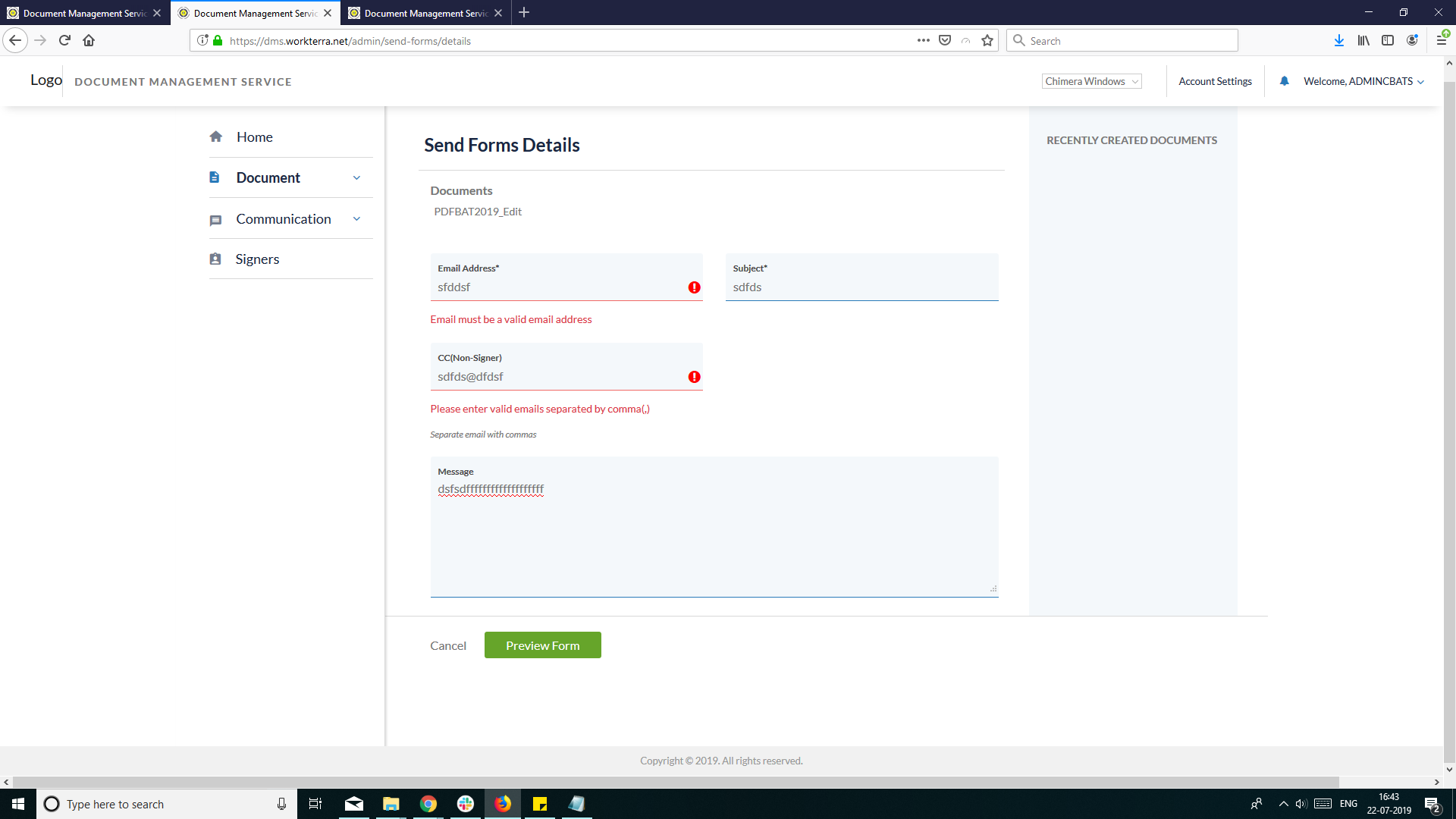 Dms 1535 Dms Production Send Forms Incorrect Validation Text For Cc Field Workterra Jira